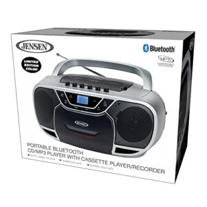 Jensen Stereo CD-590 Portable Bluetooth Home Audio CD/Cassette Boombox Digital Tuner AM/FM Radio Sound System, Top-Loading MP3 CD Player, Cassette Player/Recorder - Platinum Exclusive