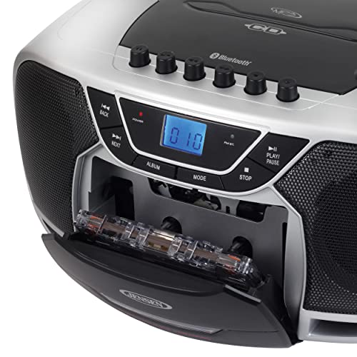 Jensen Stereo CD-590 Portable Bluetooth Home Audio CD/Cassette Boombox Digital Tuner AM/FM Radio Sound System, Top-Loading MP3 CD Player, Cassette Player/Recorder - Platinum Exclusive