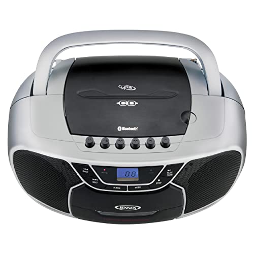 Jensen Stereo CD-590 Portable Bluetooth Home Audio CD/Cassette Boombox Digital Tuner AM/FM Radio Sound System, Top-Loading MP3 CD Player, Cassette Player/Recorder - Platinum Exclusive