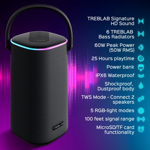 TREBLAB HD-Force - Portable Bluetooth Speaker - IPX6 Waterproof Speakers, Loud 60W Stereo Sound w/Bass, 25H Battery, TWS Mode, Powerbank, RGB LED Light - Wireless Speaker for Outdoor - Graphite