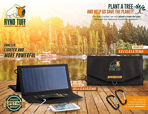 Ryno Tuff 21W Lightweight Portable Solar Charger for Camping - Foldable Solar Powered Cells with 2 USB Ports To Fast Charge Smartphones, Tablets & Battery Packs -Charge While Hiking, Camping & Fishing