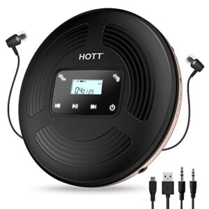 hott cd903tf portable cd player for car with bluetooth fm transmitter，rechargeable touch button backlight display black