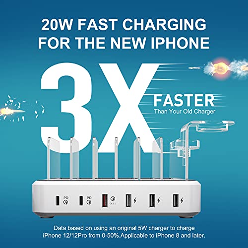 Charging Station - USB C Charger Station, 84W/12A Charging Station for Multiple Devices, Upgraded QC3.0 & PD 6 Ports Charging Dock,Fast Charging Station for Apple iOS/Android iPhone iPad Phone Tablets