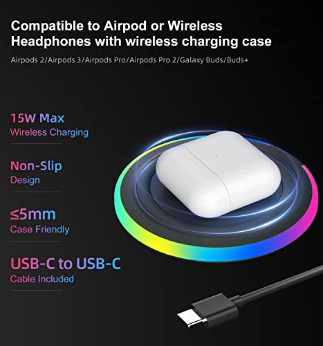 Wireless Charger Pad, 15W Max Fast RGB Wireless Charging Pad Compatible iPhone 14/14 Plus/14 Pro/14 Pro Max/13/13 Mini/SE 2022/12/11/X/8,Samsung Galaxy S22/S21/S20,AirPods 3 2 Pro(No AC Adapter) Black