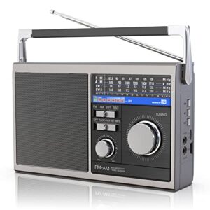 portable am fm radio, shortwave transistor radio with best reception, battery operated or ac power retro radio with big bluetooth speaker, earphone jack usb tf card aux input, for senior(gray)