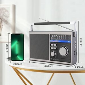 Portable AM FM Radio, Shortwave Transistor Radio with Best Reception, Battery Operated or AC Power Retro Radio with Big Bluetooth Speaker, Earphone Jack USB TF Card AUX Input, for Senior(Gray)