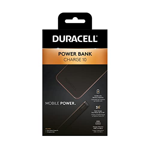 Duracell Charge 10 Portable Charger | 10,000mAh Power Bank | Fast Charging Battery Pack for iPhone, iPad, Android & More | TSA Carry-on Compliant Power bank | USB-C, USB-A | Recharges Devices Up to 3X