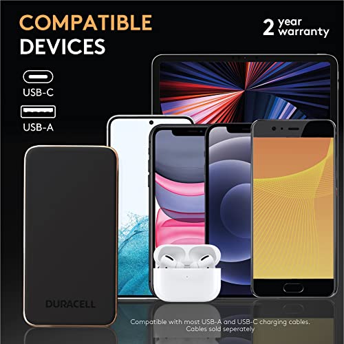 Duracell Charge 10 Portable Charger | 10,000mAh Power Bank | Fast Charging Battery Pack for iPhone, iPad, Android & More | TSA Carry-on Compliant Power bank | USB-C, USB-A | Recharges Devices Up to 3X