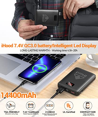 iHood Heated Vest Battery Pack, 5V / 7.4V / 12V Auto-Transformer 14400mAh Power Bank for Heated Jacket and Heated Hoodie,Dual USB LED Display Portable Charger for iPhone Android etc