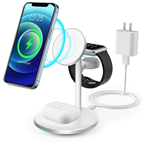 Upgraded 3 in 1 Magnetic Wireless Charging Station, 15W Fast Mag-Safe Charger Stand for iPhone 14/13/12 Series, Mag-Safe Charger for iWatch Ultra /8/7/SE/6/5/4/3/2 and Airpods (with QC3.0 Adapter)