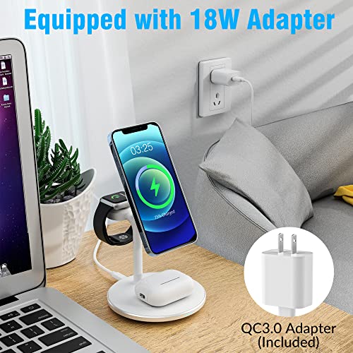 Upgraded 3 in 1 Magnetic Wireless Charging Station, 15W Fast Mag-Safe Charger Stand for iPhone 14/13/12 Series, Mag-Safe Charger for iWatch Ultra /8/7/SE/6/5/4/3/2 and Airpods (with QC3.0 Adapter)