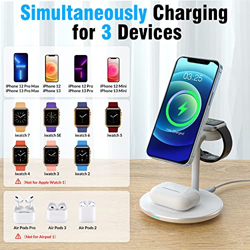 Upgraded 3 in 1 Magnetic Wireless Charging Station, 15W Fast Mag-Safe Charger Stand for iPhone 14/13/12 Series, Mag-Safe Charger for iWatch Ultra /8/7/SE/6/5/4/3/2 and Airpods (with QC3.0 Adapter)