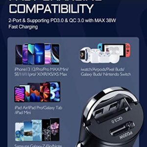 USB C Car Charger, Aergiatech 38W(20W+18W) PD&QC 3.0 Car Charger Adapter, Smallest Cigarette Lighter USB Car Charger, Compatible with iPhone 13/13 Pro Max/12/11, iPad Mini/Pro, Samsung and More