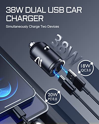 USB C Car Charger, Aergiatech 38W(20W+18W) PD&QC 3.0 Car Charger Adapter, Smallest Cigarette Lighter USB Car Charger, Compatible with iPhone 13/13 Pro Max/12/11, iPad Mini/Pro, Samsung and More