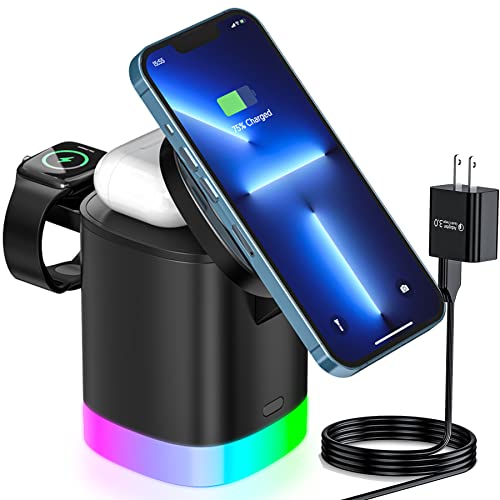 Magnetic Wireless Charging Station for Apple Series,3 in 1 Faster Mag-Safe Wireless Charger Stand for iPhone 14/13/12 Series/iPhone11/Samsung, Apple Watch Series and Airpods with QC3.0 Adapter