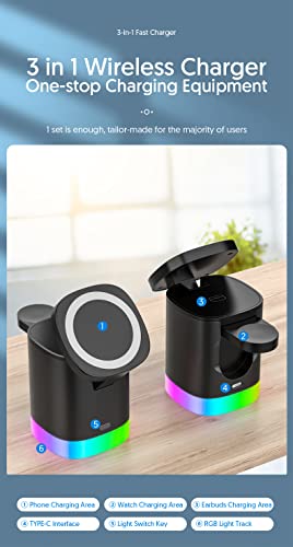 Magnetic Wireless Charging Station for Apple Series,3 in 1 Faster Mag-Safe Wireless Charger Stand for iPhone 14/13/12 Series/iPhone11/Samsung, Apple Watch Series and Airpods with QC3.0 Adapter