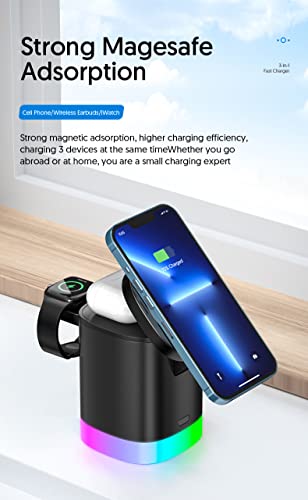 Magnetic Wireless Charging Station for Apple Series,3 in 1 Faster Mag-Safe Wireless Charger Stand for iPhone 14/13/12 Series/iPhone11/Samsung, Apple Watch Series and Airpods with QC3.0 Adapter