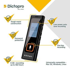 Dictopro Digital Voice Activated Recorder w/Password Protection-HQ Recording from 60ft,Record Lectures&Meetings, Sensitive Microphone, Automatic Noise Reduction, 582H Playback, Small & Portable,USB,8G