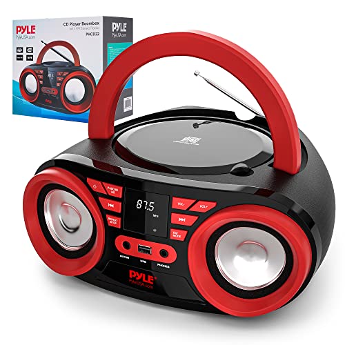 Pyle Portable CD Player Bluetooth Boombox Speaker - AM/FM Stereo Radio & Audio Sound, Supports CD-R-RW/MP3/WMA, USB, AUX, Headphone, LED Display, AC/Battery Powered, Red Black - PHCD22