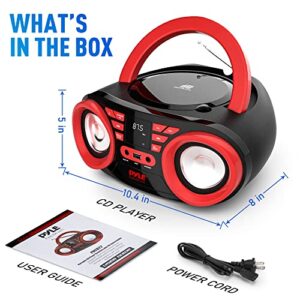 Pyle Portable CD Player Bluetooth Boombox Speaker - AM/FM Stereo Radio & Audio Sound, Supports CD-R-RW/MP3/WMA, USB, AUX, Headphone, LED Display, AC/Battery Powered, Red Black - PHCD22