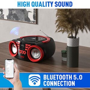 Pyle Portable CD Player Bluetooth Boombox Speaker - AM/FM Stereo Radio & Audio Sound, Supports CD-R-RW/MP3/WMA, USB, AUX, Headphone, LED Display, AC/Battery Powered, Red Black - PHCD22