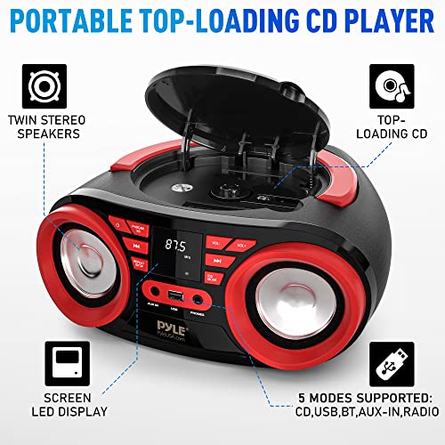 Pyle Portable CD Player Bluetooth Boombox Speaker - AM/FM Stereo Radio & Audio Sound, Supports CD-R-RW/MP3/WMA, USB, AUX, Headphone, LED Display, AC/Battery Powered, Red Black - PHCD22