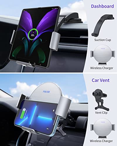 MAKAQI Wireless Car Charger for Galaxy Z Fold 4/3/2, Dual Coil Auto Clamping Wireless Car Charger Mount for iPhone 14/13/12/11 Pro Max/X, Fast Charging Car Holder for Galaxy Z Fold