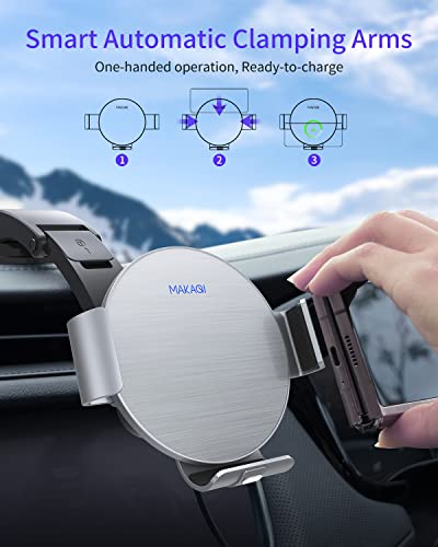 MAKAQI Wireless Car Charger for Galaxy Z Fold 4/3/2, Dual Coil Auto Clamping Wireless Car Charger Mount for iPhone 14/13/12/11 Pro Max/X, Fast Charging Car Holder for Galaxy Z Fold