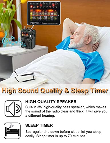 ZHIWHIS Shortwave Radio, Bluetooth Speakers with Sleep Timer, Weather AM FM SW Radios with NOAA Alerts, Retro Analog Tuner with Preset, Rechargeable MP3 Player with 6 EQ Support MicroSD Card ZWS-700