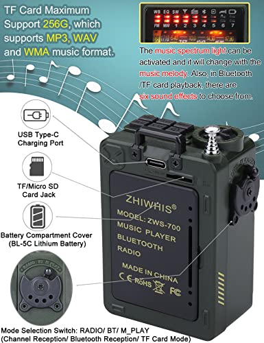 ZHIWHIS Shortwave Radio, Bluetooth Speakers with Sleep Timer, Weather AM FM SW Radios with NOAA Alerts, Retro Analog Tuner with Preset, Rechargeable MP3 Player with 6 EQ Support MicroSD Card ZWS-700