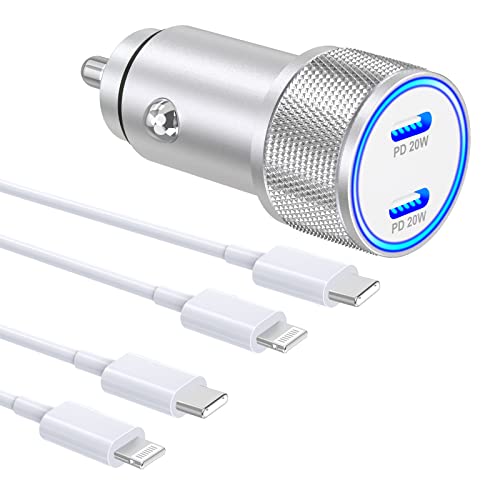 [Apple MFi Certified] iPhone Fast Car Charger, IDiSONCABLE 40W 2-Port PD 3.0 USB C Car Charger All Metal Cigarette Lighter Adapter with 2 Pack Type C to Lightning Cable for iPhone/iPad/Airpods Pro