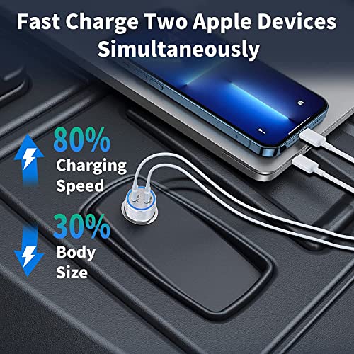 [Apple MFi Certified] iPhone Fast Car Charger, IDiSONCABLE 40W 2-Port PD 3.0 USB C Car Charger All Metal Cigarette Lighter Adapter with 2 Pack Type C to Lightning Cable for iPhone/iPad/Airpods Pro