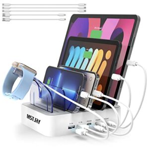 mstjry fast charging station – usb c and usb a, 90w 5-port pd charger station for multiple devices apple designed for ipad, iphone 14 13 12 series galaxy note 20 s21 s22 tablet, holder for apple watch