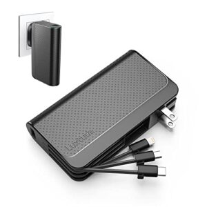 luxtude portable phone charger built-in wall plug, 10000mah power bank with cables【iphone lightning & usb c & micro】, travel fast charge external battery pack for iphone, ipad, android, samsung etc.