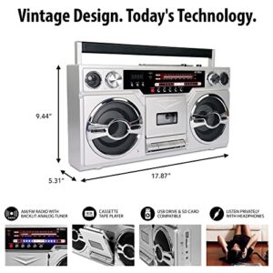 Victrola 1980s Retro Bluetooth Boombox with Cassette Player and AM/FM Radio, Wired and Wireless Streaming, Classic 80s Style with Modern Technology, Silver