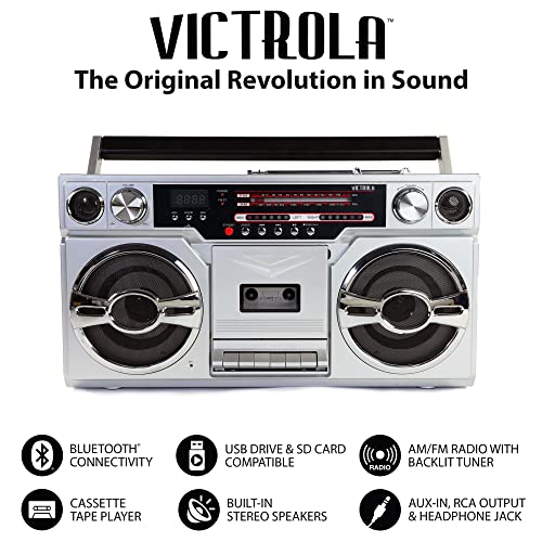 Victrola 1980s Retro Bluetooth Boombox with Cassette Player and AM/FM Radio, Wired and Wireless Streaming, Classic 80s Style with Modern Technology, Silver