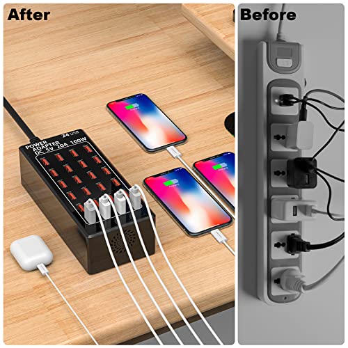 RUANSZZ USB Charging Station Multiport 100W 24-Port USB Desktop Charging Station USB Charger 24-Ports Element Hub Compatible with iPhone iPad Android All Other USB Enabled Devices