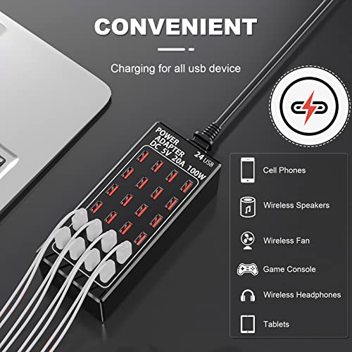 RUANSZZ USB Charging Station Multiport 100W 24-Port USB Desktop Charging Station USB Charger 24-Ports Element Hub Compatible with iPhone iPad Android All Other USB Enabled Devices