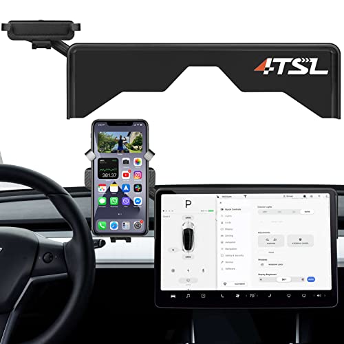 4TSL Tesla Monitor Cell Phone Mount, One-Hand Operation Phone Holder Fits 5-6.8" Cellphone with 360° Longer Arms, No Noise Phone Stand for Model 3 2017-22 Model Y 2019-22 Tesla Accessories