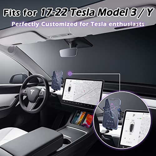 4TSL Tesla Monitor Cell Phone Mount, One-Hand Operation Phone Holder Fits 5-6.8" Cellphone with 360° Longer Arms, No Noise Phone Stand for Model 3 2017-22 Model Y 2019-22 Tesla Accessories