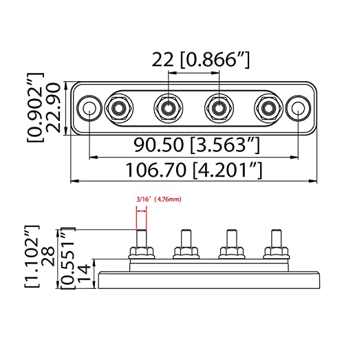 Gloaso 100 Amp Common Bus Bar 12V- 48V DC, Copper Made, 4 x 3/16” Post Terminal Power Distribution Block with Cover, Red & Black, 100A Busbar 2 Pack