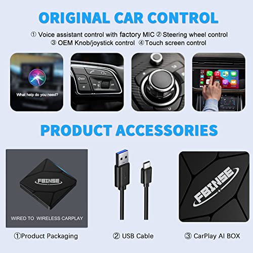 FBINSE 2023 Wireless CarPlay Adapter for Cars with Factory Wired CarPlay, CarPlay Wireless Adapter Dongle Converts Wired to Wireless CarPlay, Plug and Play, 5.8GHz WiFi/Bluetooth 5.2, Online Update