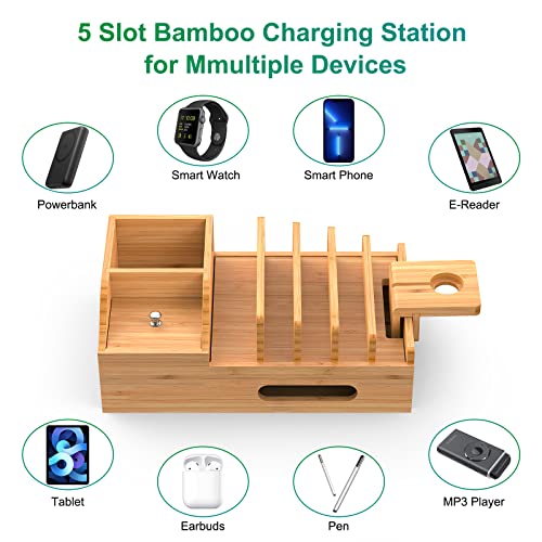 Bamboo Charging Station for Multiple Devices with 5 Port USB Charger, 6 Charger Cables and Smart Watch Stand. Wood Desktop Dock Stations Electronic Organizer for Cell Phone, Tablet, Watch, Office