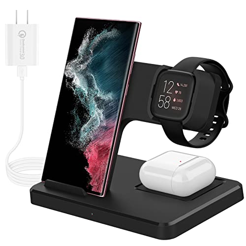 OenFoto 3 in 1 Wireless Charging Station Compatible with Fibit Versa 2 (Not for Versa)– Charging Cable Dock for Samsung Galaxy S22 Ultra S21 Note 20, AirPods Pro, Galaxy Buds Pro(with QC 3.0 Adapter)