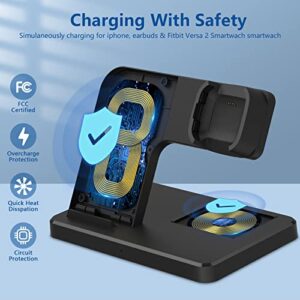 OenFoto 3 in 1 Wireless Charging Station Compatible with Fibit Versa 2 (Not for Versa)– Charging Cable Dock for Samsung Galaxy S22 Ultra S21 Note 20, AirPods Pro, Galaxy Buds Pro(with QC 3.0 Adapter)