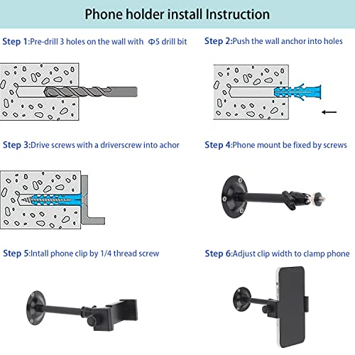 Mippko Wall Mount Phone Holder,Compatible with 3.5 ~7.5 inch iPhone / Samsung Galaxy / Nexus / HTC / LG /Huawei /Smart Phones, 360°Adjustment Drilling Base Metal Mount