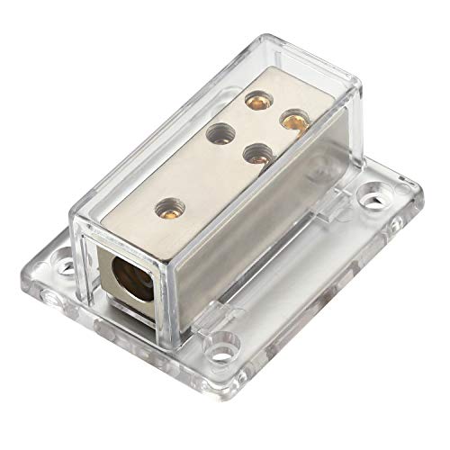 Freajoin 4/8/10 AWG Gauge Power Distribution Block 4 Gauge in - ( 4 ) 8/10 Gauge Out, Satin Nickle Plated Internal Material and High-Strength Clear Housing