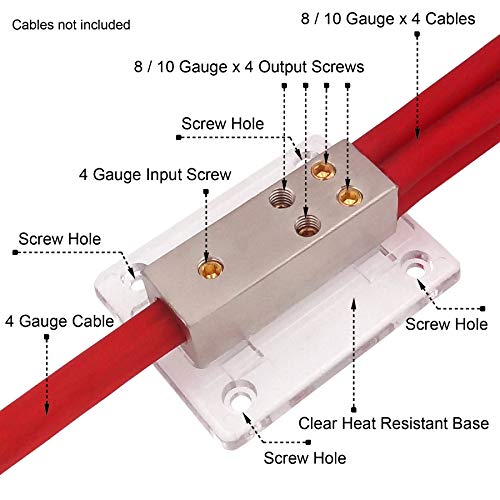 Freajoin 4/8/10 AWG Gauge Power Distribution Block 4 Gauge in - ( 4 ) 8/10 Gauge Out, Satin Nickle Plated Internal Material and High-Strength Clear Housing