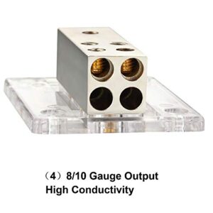 Freajoin 4/8/10 AWG Gauge Power Distribution Block 4 Gauge in - ( 4 ) 8/10 Gauge Out, Satin Nickle Plated Internal Material and High-Strength Clear Housing