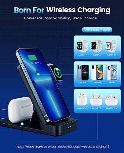 Wireless Charger, PEXXUS Portable 3 in 1 Wireless Charging Station for Multiple Devices,for iPhone 14 13 12 11 pro max XS 8,Samsung Galaxy, Apple Watch Charging Stand, Airpods 2 3 Pro Charger